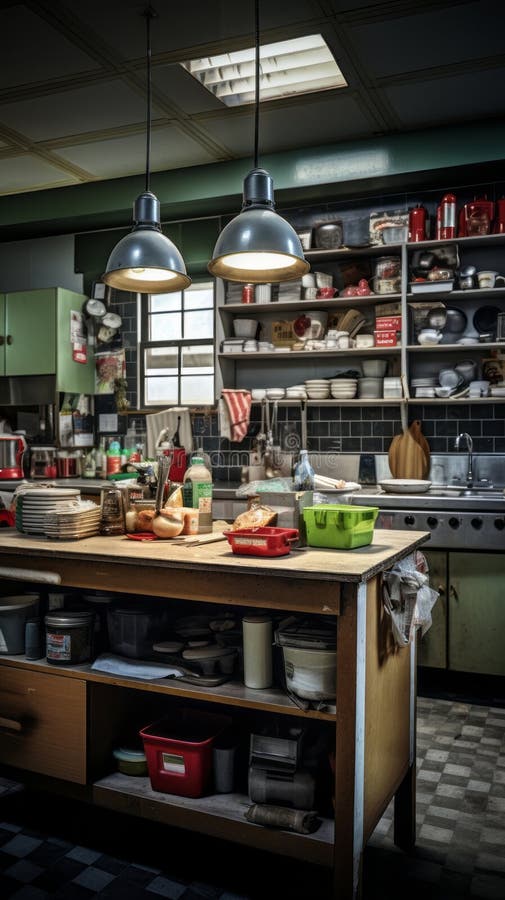 Empty School or University Kitchen with Large Windows and Cooking ...