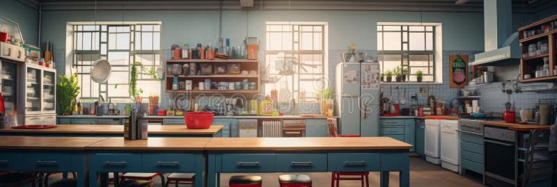 Empty School or University Kitchen with Large Windows and Cooking ...