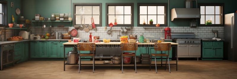 Empty School or University Kitchen with Large Windows and Cooking ...