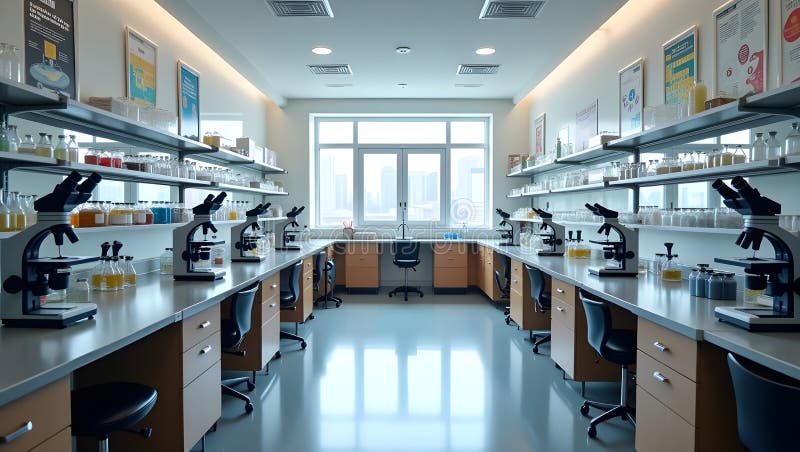 Empty Science Lab with Microscopes and Educational Posters on the Walls ...