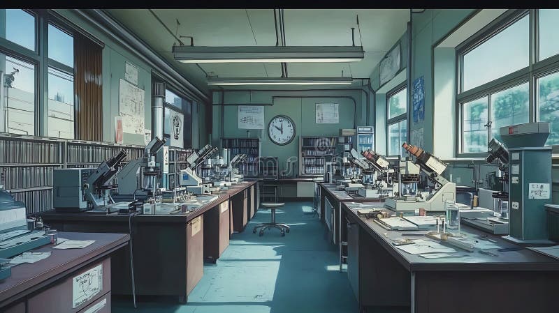 Empty Science Laboratory with Microscopes and Desk Stock Illustration ...