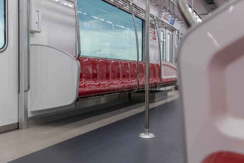 Empty Seats Commuter with Red Color Interior Inside in the Subway Train ...