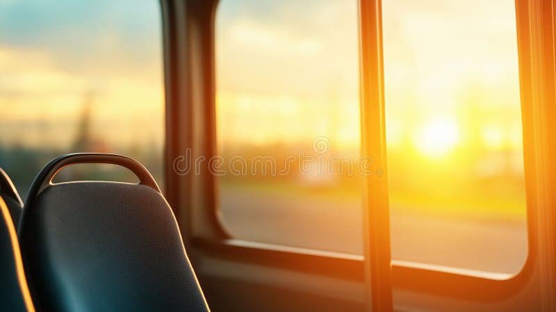 Vacant Bus Interior Bathed in Golden Sunset Light, Highlighting ...