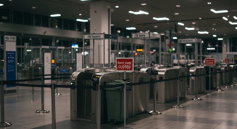 Empty Security Checkpoint Closed at Night: Dimly Lit Interior with ...
