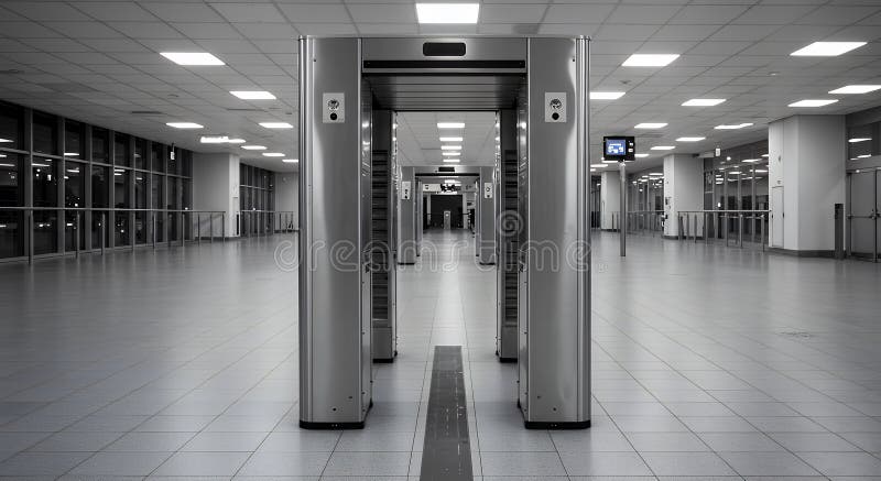 Empty Airport Security Checkpoint with Full Body Scanner: Grayscale ...