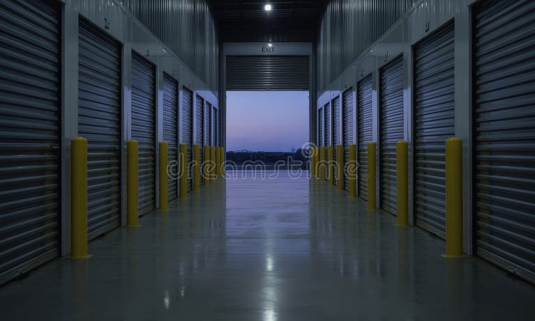 Empty Self Storage Facility Corridor at Dusk with Rows of Closed Units ...
