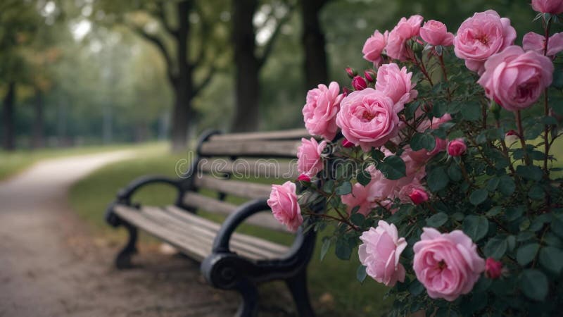 Empty Serene Park with Blooming Rose Bushes, Nostalgic Feeling of ...