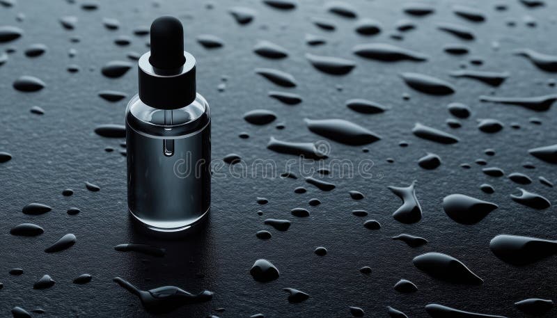 Empty Serum Dropper Bottle Placed on a Black Surface with Water Drops ...