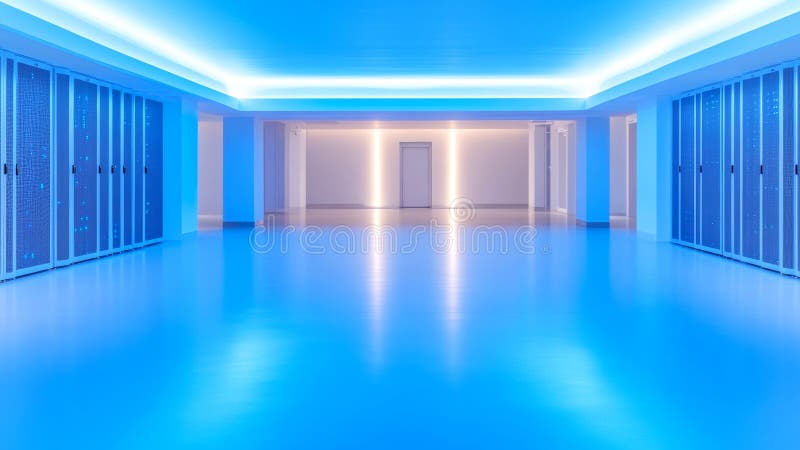Empty Server Room Floor Reflecting Blue Light in Large Data Center with ...