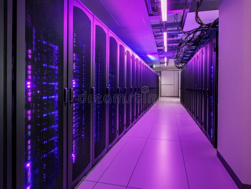 Empty Server Room Hallway with Glowing Lights - Ai. Stock Illustration ...