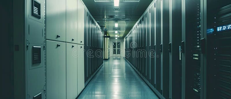 Empty Server Room with Rows of Cabinets and Glowing Lights Stock ...