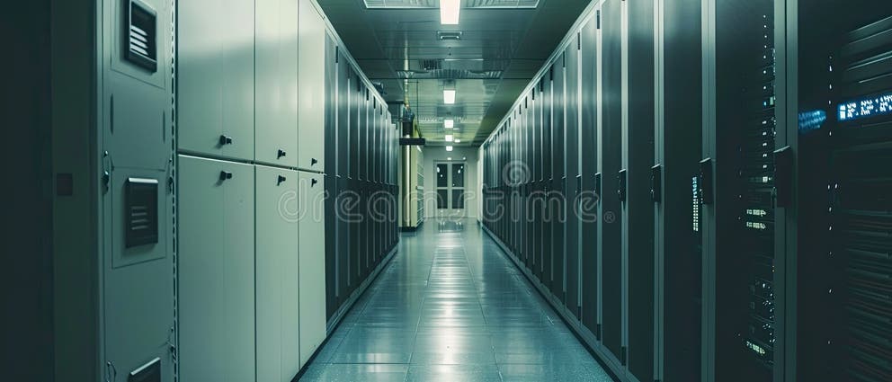 Empty Server Room with Rows of Cabinets and Glowing Lights Stock ...