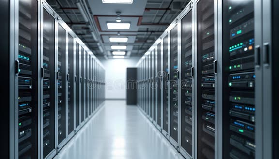 Empty Server Room with Rows of Metal Server Racks. Modern Tech ...