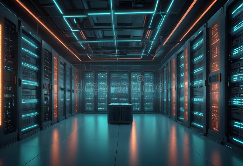 An Empty Server Room with Rows of Servers Illuminated by Blue and ...
