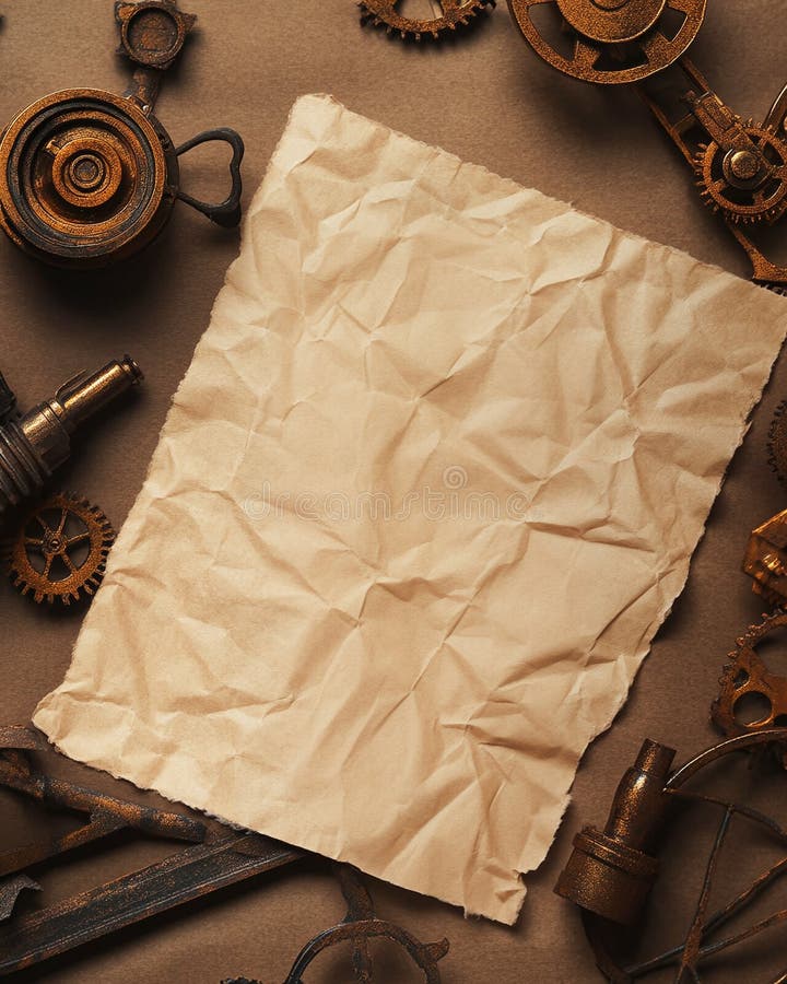 Empty Sheet on Brown Work Table among Rusty Metal Parts. Vertical ...