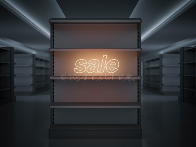 Shelves in a Store with Glowing Sale Sign. 3d Rendering Stock ...