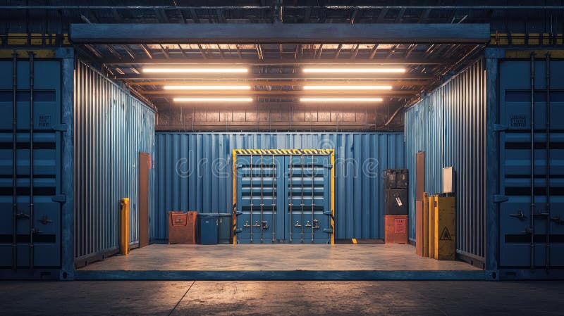 Empty Shipping Container with Open Doors and Fluorescent Lighting Stock ...