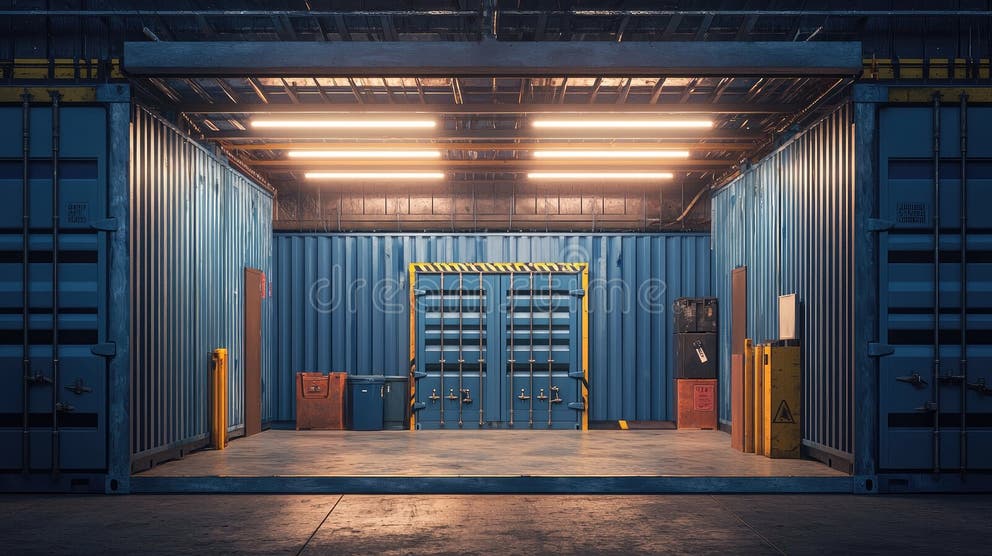 Empty Shipping Container with Open Doors and Fluorescent Lighting Stock ...