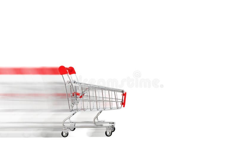 Empty Shopping Cart Driving Fast, Isolated on White Background Stock ...