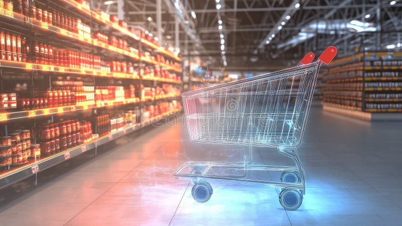 Empty Shopping Cart in Supermarket Aisle, Glowing with Digital Effect ...