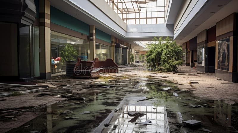 Empty Shopping Center with Broken Glass Panes, Desolate and Decayed ...