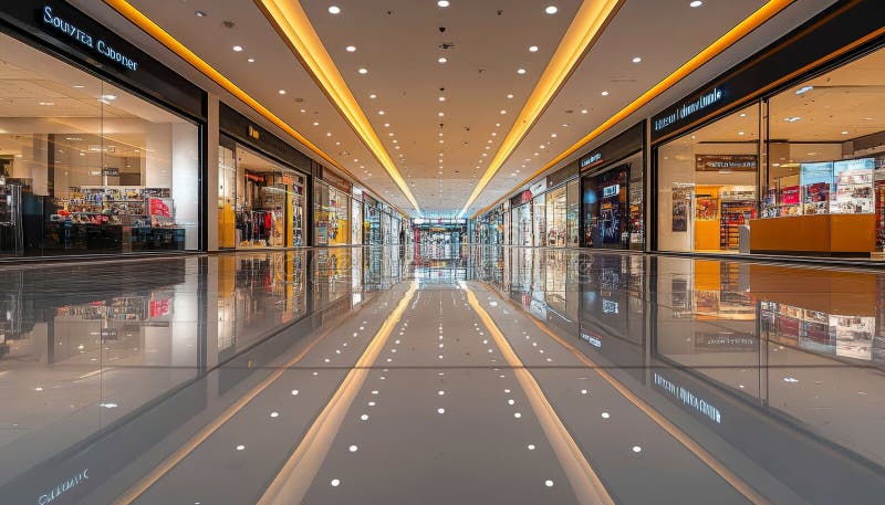 Empty Shopping Mall Corridor Reflecting in Shiny Floor, Modern ...