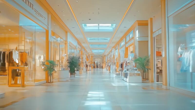 An Empty Shopping Mall Hallway View with Storefronts, Ceiling Skylights ...