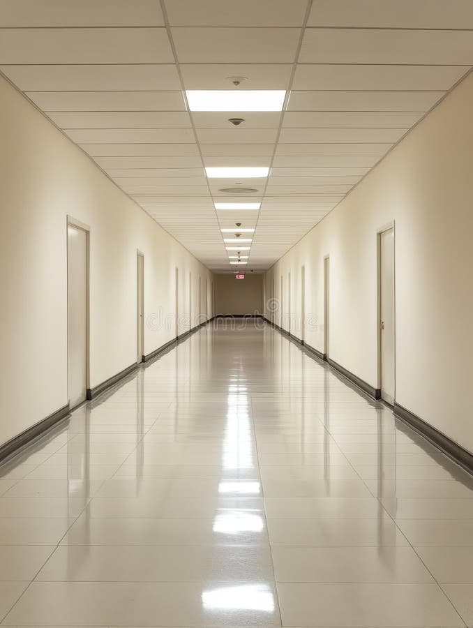 An Empty Shopping Mall Hallway with White Walls and a Shiny Reflective ...