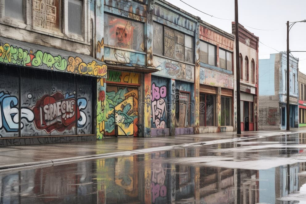 Empty Shops with Broken Windows and Graffiti-covered Walls Stock ...