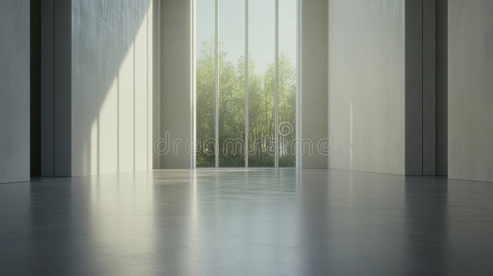 An Empty Showroom is Seen from a High Angle, Characterized by Large ...