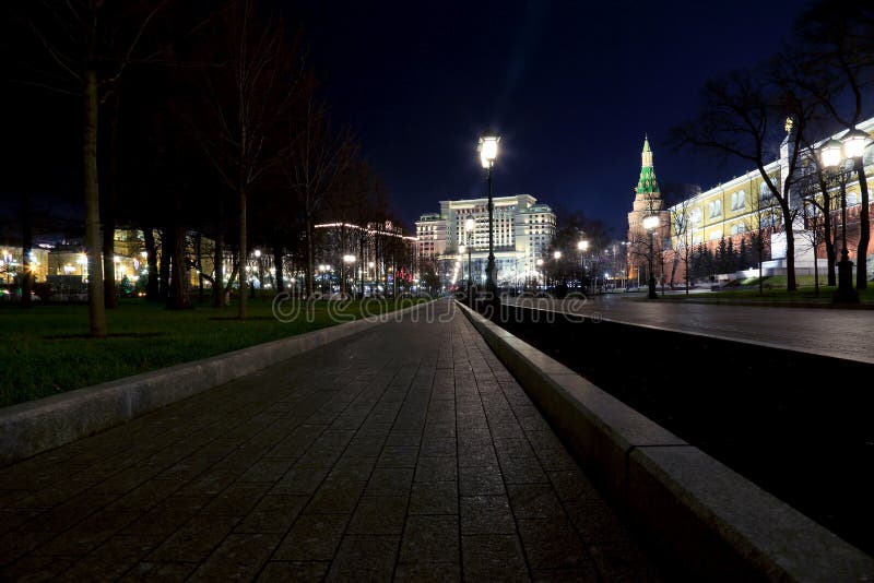 Empty Sidewalk in the City at Night Stock Image - Image of cobblestone ...