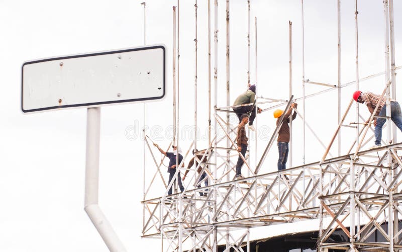 Empty Sign Advertising Board and Blurred Construction Working Site ...