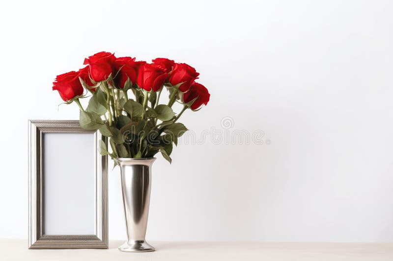Empty Silver Frame with Red Roses in Vase Next To it on White ...