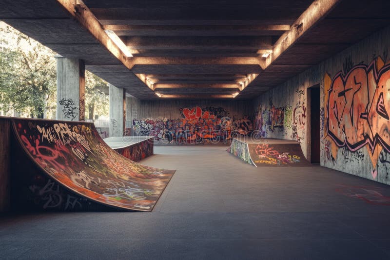 Empty Skate Park with Graffiti Covering Ramps and Walls Stock Image ...
