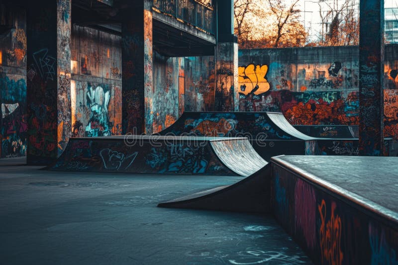 Empty Skate Park with Graffiti Covering Ramps and Walls Stock Image ...