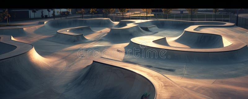 Empty skatepark at dusk stock image. Image of skatepark - 312566209