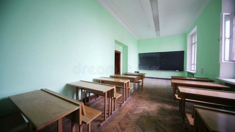 Empty Small Classroom with Wooden Desks and Green Stock Footage - Video ...