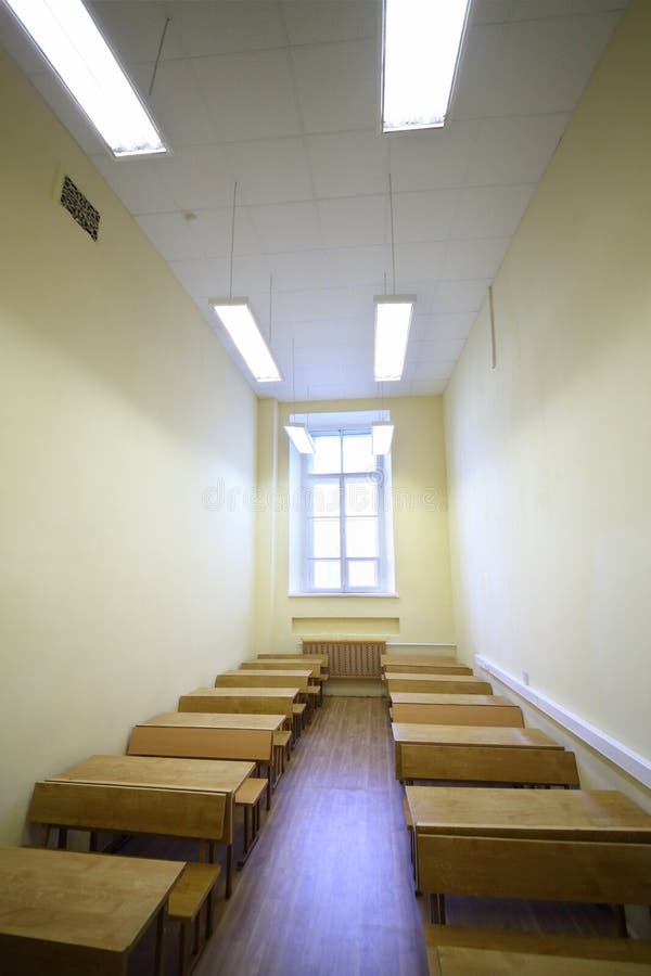 Empty Small Classroom with Wooden Tables for Stock Photo - Image of ...