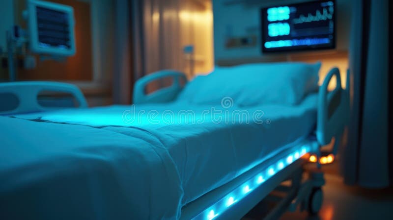 Empty Smart Hospital Bed Illuminated with Blue Light at Night Stock ...