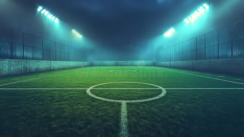 Empty Soccer Field at Night, Illuminated by Floodlights, Ready for a ...