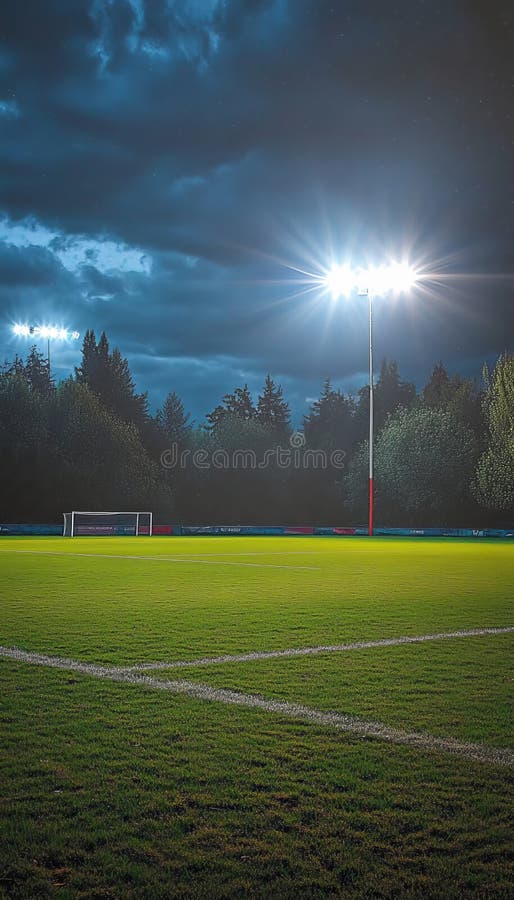 Empty Soccer Field at Night, Illuminated by Powerful Stadium Lights ...