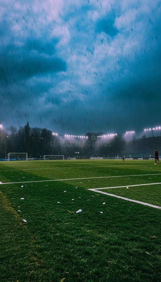 Empty Soccer Field at Twilight Under Dramatic, Moody Sky with Stadium ...