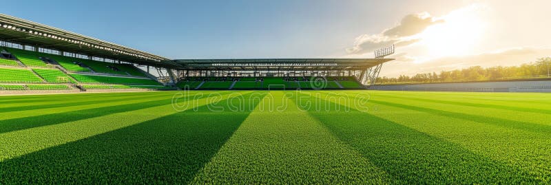 Empty Soccer Stadium with Green Grass at Sunset, Stock Image - Image of ...