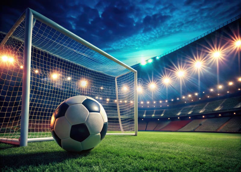 Empty Soccer Stadium at Night Dramatic Lighting on an Isolated Goal ...
