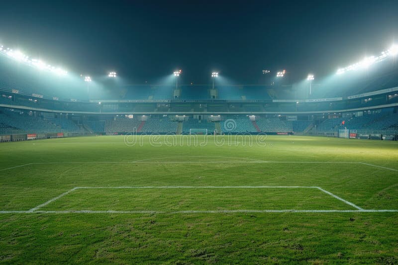 Empty Soccer Stadium at Night with Illuminated Field and Stands Stock ...