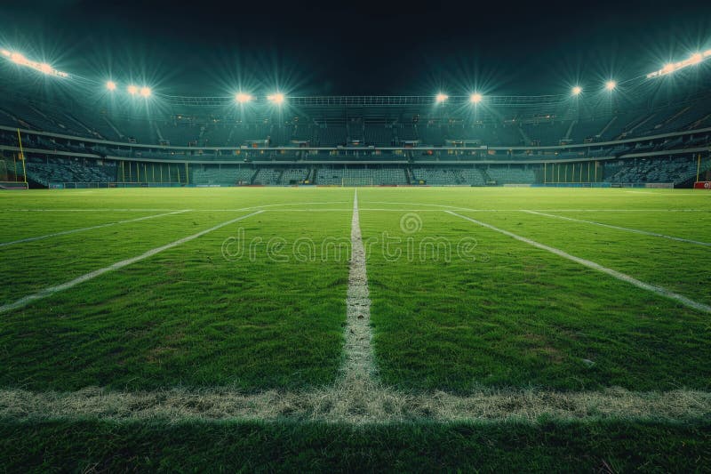 Empty Soccer Stadium at Night with Illuminated Field and Stands Stock ...