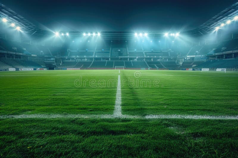Empty Soccer Stadium at Night with Illuminated Field and Stands Stock ...