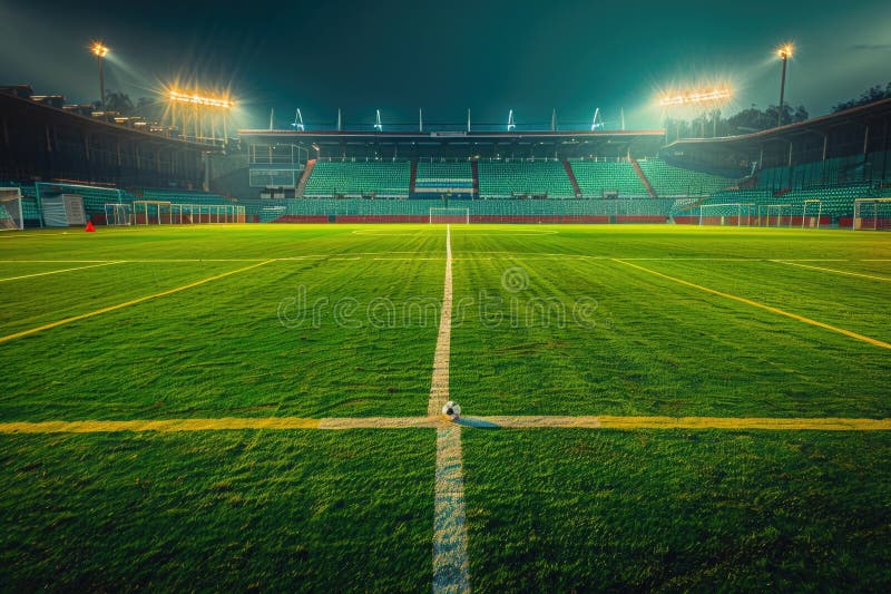 Empty Soccer Stadium at Night with Illuminated Field and Stands Stock ...