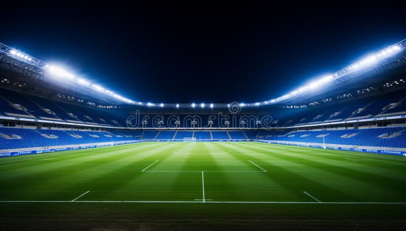 Empty Soccer Stadium at Night with Mesmerizing White and Blue ...