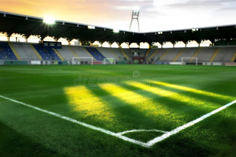 Soccer Field Corner with Stadium Seating and Bright Sunlight on the ...